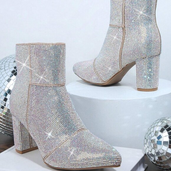 Shoes | Newchampagne Rhinestone Crystal Embellished Ankle Boot Booties ...